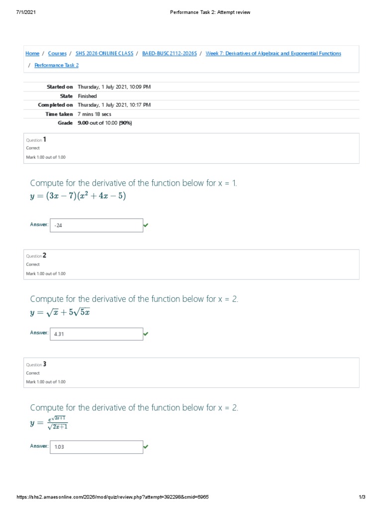 BUSC2112 Basic Calculus Performance Task 2 - Attempt Review (9.1) | PDF | Derivative | Teaching ...