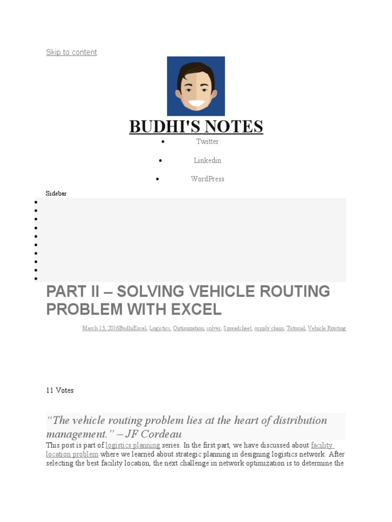 Budhi'S Notes: Part Ii - Solving Vehicle Routing Problem With Excel ... Budhi'S Notes: Part Ii - Solving Vehicle Routing Problem With Excel ...