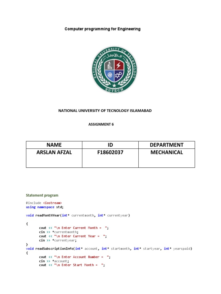 Name ID Department Arslan Afzal F18602037 Mechanical: Computer Programming For Engineering | PDF ...