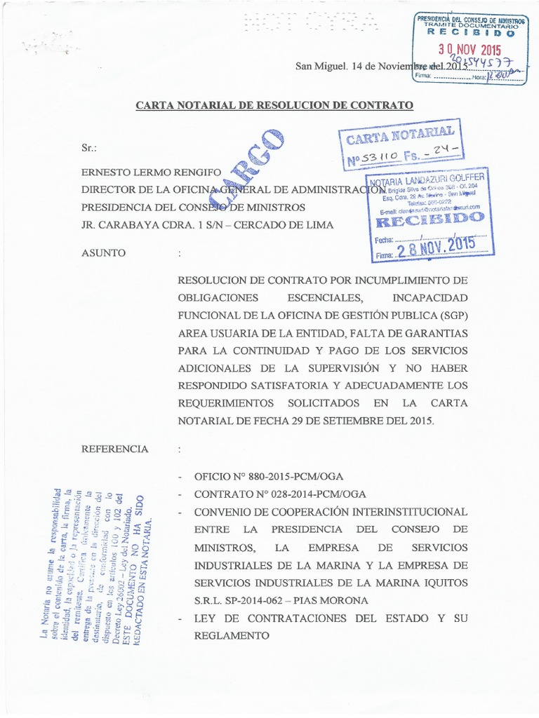 Modelo de Carta Notarial de Resolucion de Contrato | PDF