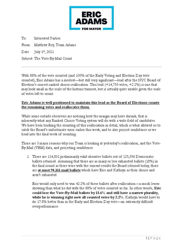 Eric Adams Campaign Ranked Choice Voting Memo | PDF | Postal Voting ...