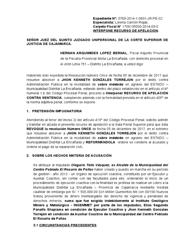 Apelacion de Sentencia Absolutoria | PDF | Apelación | Sentencia (ley)