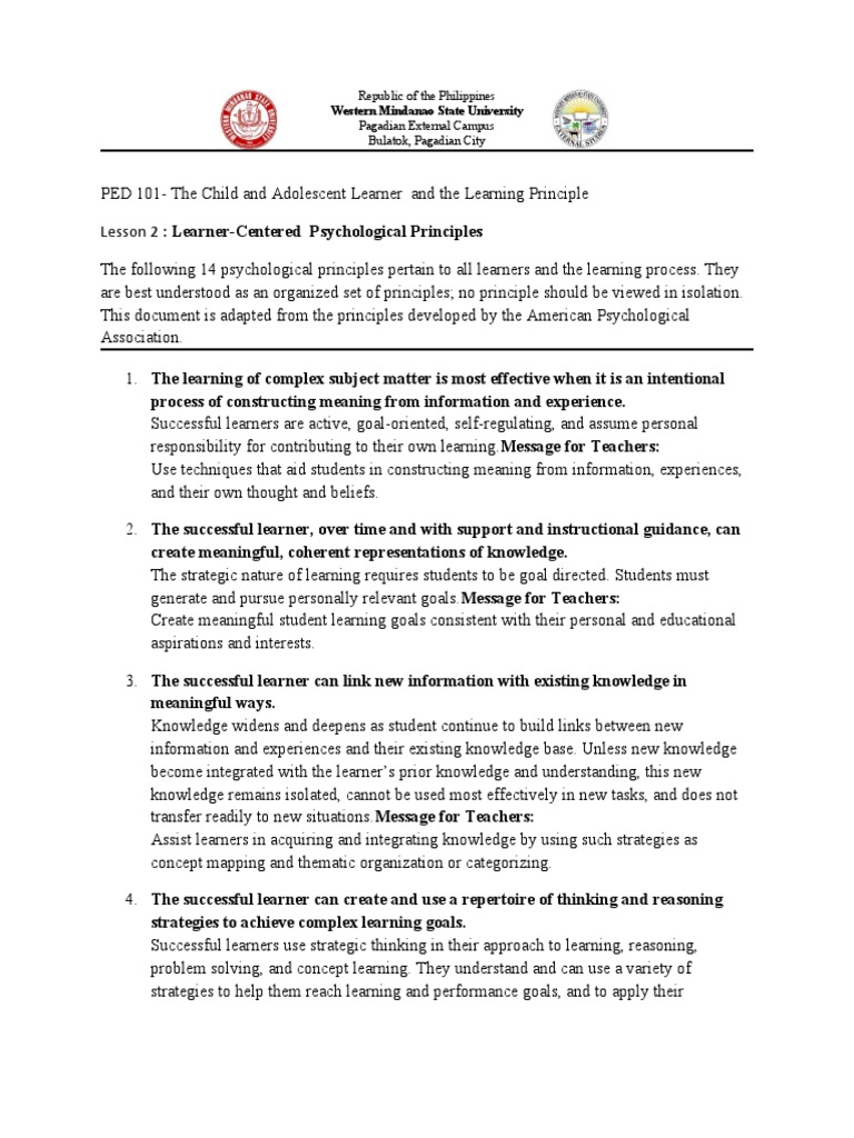 PED-101-Lesson-2-14-Learner-Centered-Psychological-Principles 2 | PDF | Motivation | Motivational
