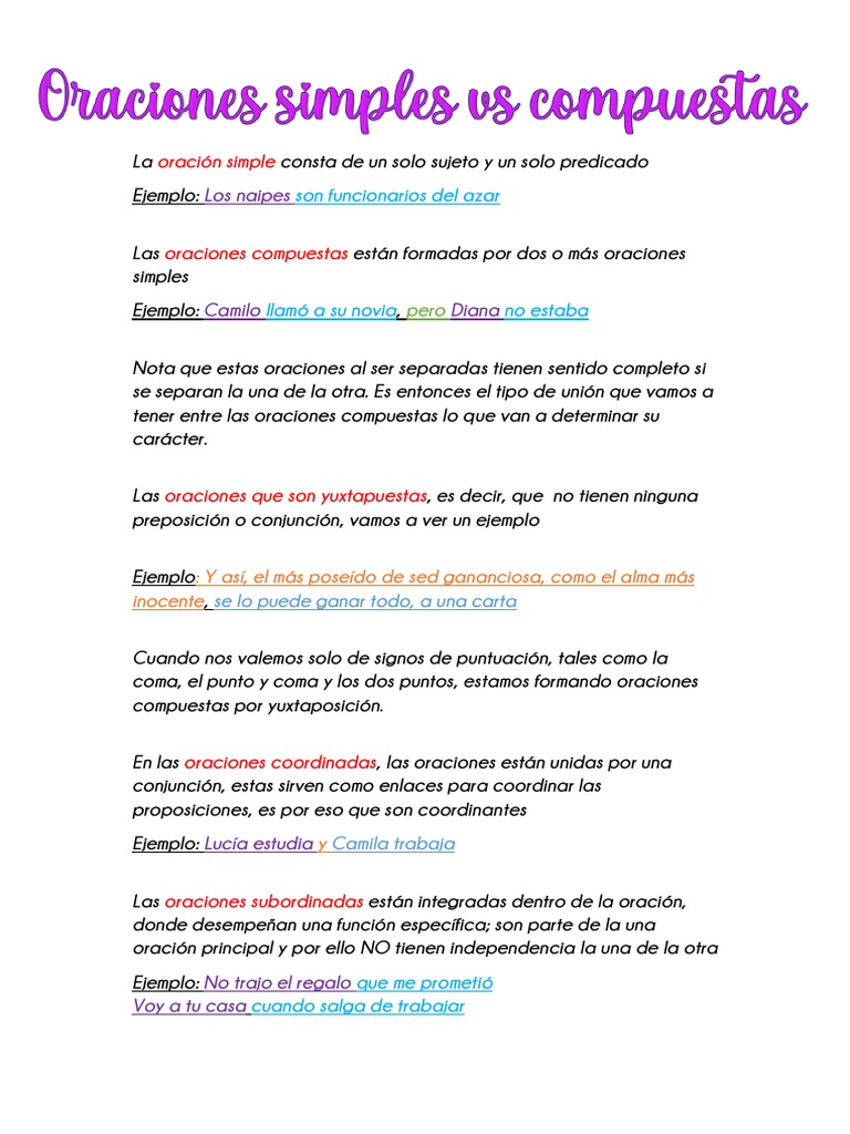 Oraciones Simples y Compuestas | PDF | Oración (Lingüística) | Coma