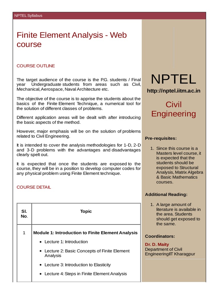 Nptel: Finite Element Analysis - Web Course | PDF | Finite Element Method | Mathematical Analysis