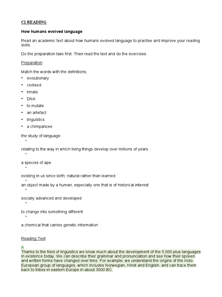 Reading C1 How Humans Evolved Language | PDF | Human | Linguistics
