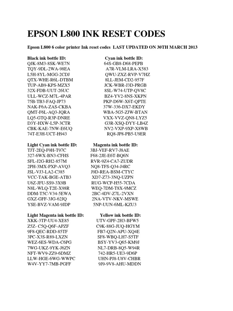 Epson L800 Ink Reset Codes | PDF | Magenta | Cyan