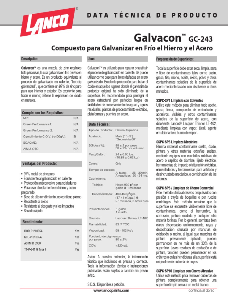Galvacon Ficha Tecnica Espa - Ol | PDF | Solvente | Acero