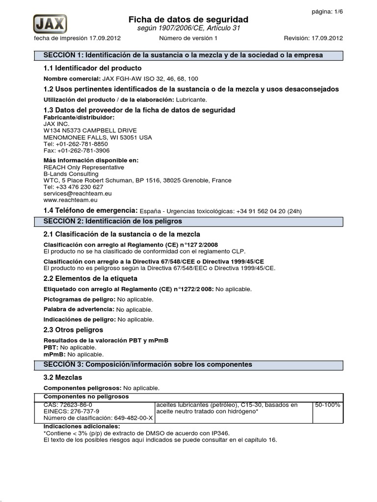 Ficha de Seguridad de Lubricante JAX | PDF | Agua | Carbón