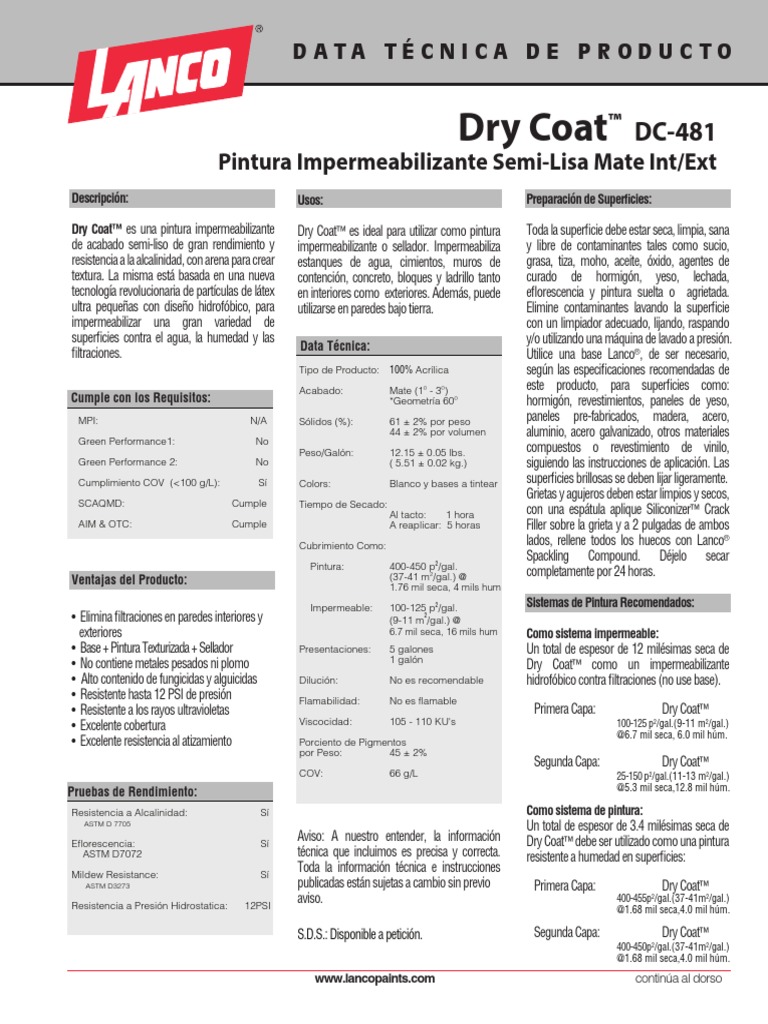 Dry Coat Int Ext Flat Semi Smooth DC481 TDS ESP | PDF | Pintar | Cepillo