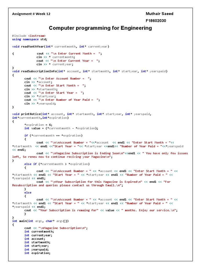 Muthair Saeed, Assignment Week 12 | PDF | C++ | Computer Programming
