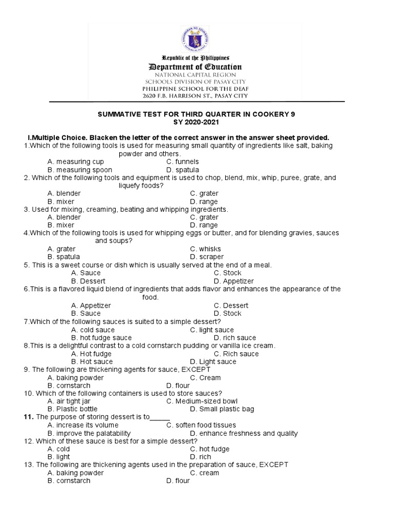 Summative Test For Third Quarter in Cookery 9 SY 2020-2021 I.Multiple ...
