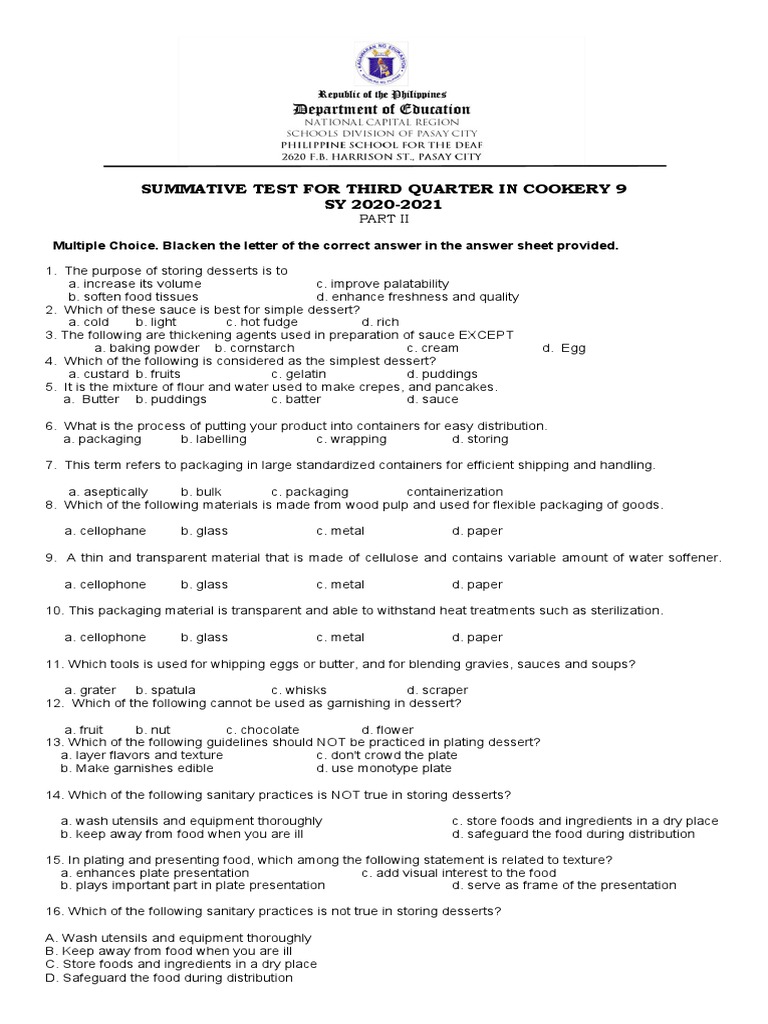 4th Summative Test Part 2 Cookery 9 | PDF | Desserts | Pudding