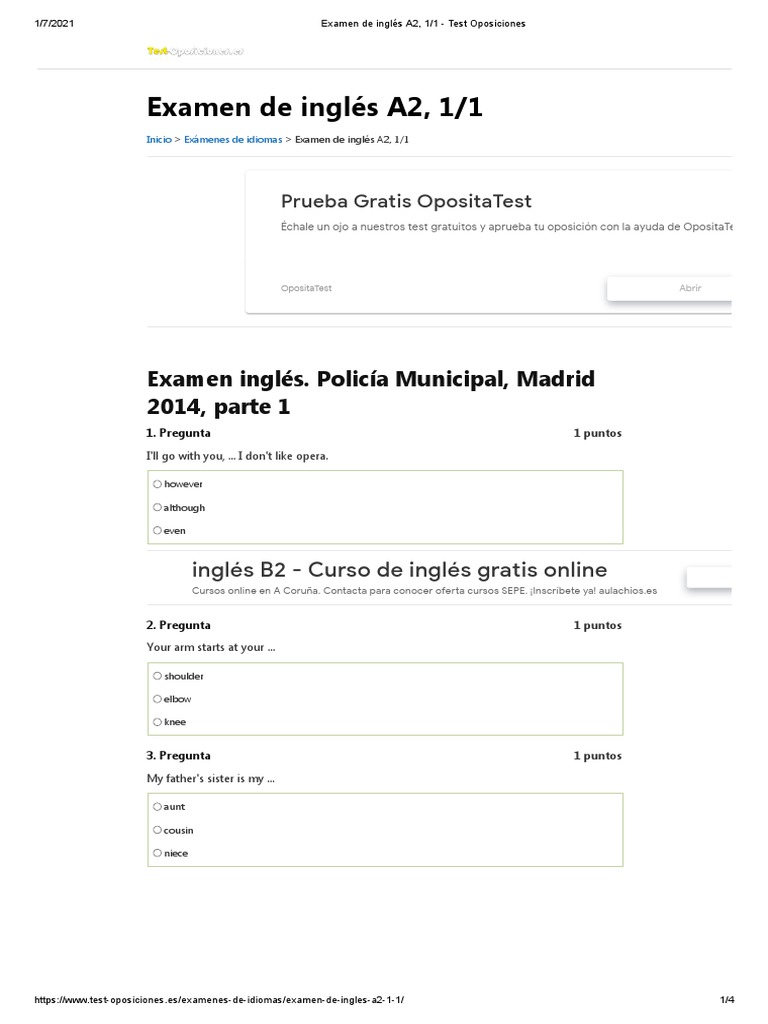 Examen de inglés A2 con soluciones | PDF