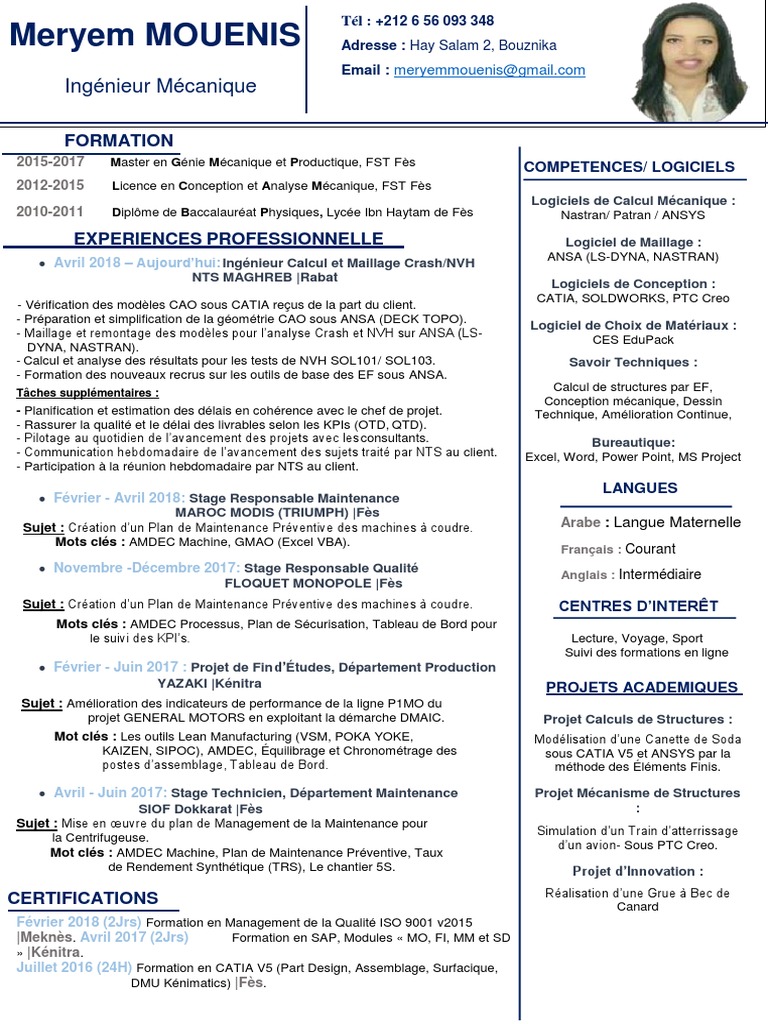 CV Ingénieur Mécanique Meryem Mouenis | PDF | Conception assistée par ordinateur | Six Sigma