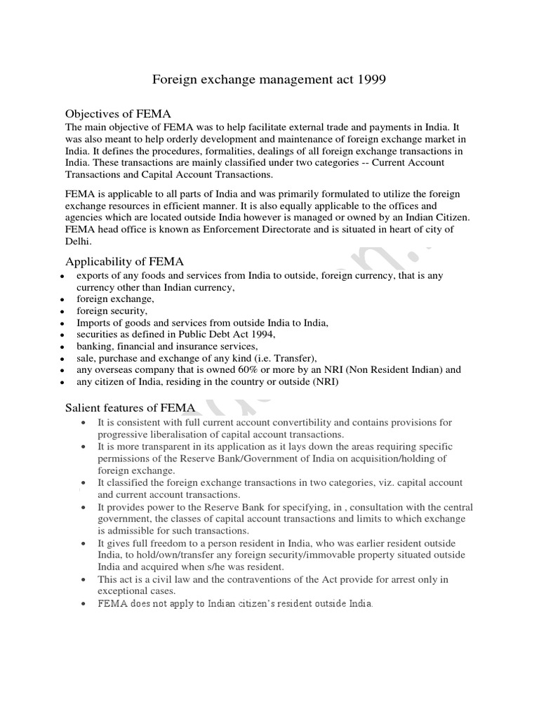 Foreign Exchange Management Act 1999: Objectives of FEMA | PDF ...