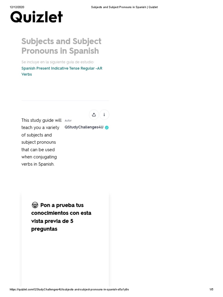 Subjects and Subject Pronouns in Spanish - Quizlet | PDF | Linguistics ...