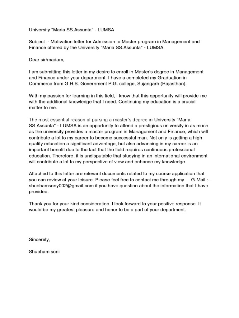 Motivation Letter for LUMSA Master's Program | PDF