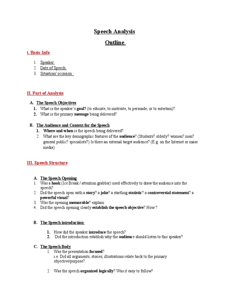 Speech Analysis Outline: I. Basic Info | PDF | Speech | Human Communication