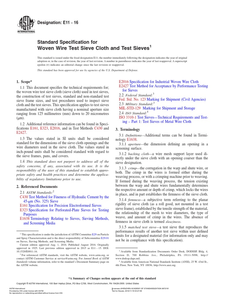Astm E11-16 | PDF | Specification (Technical Standard) | Textiles
