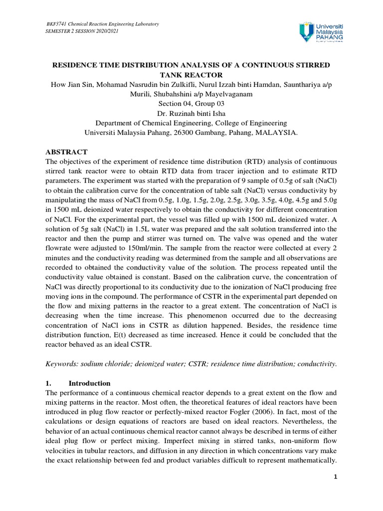 Residence Time Distribution Analysis of A Continuous Stirred Tank ...
