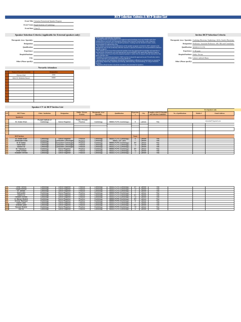 HCP Selection Criteria & HCP Invitee List | PDF | Clinical Medicine ...
