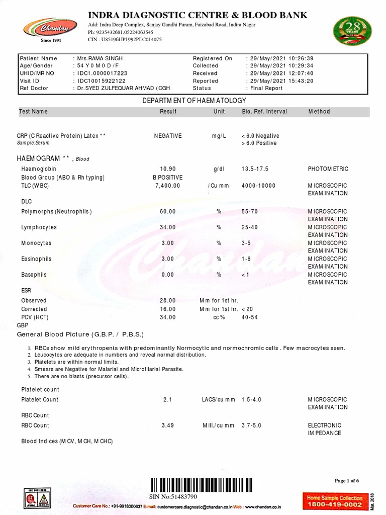 Indra Diagnostic Centre & Blood Bank: Department of Haematology | PDF ...