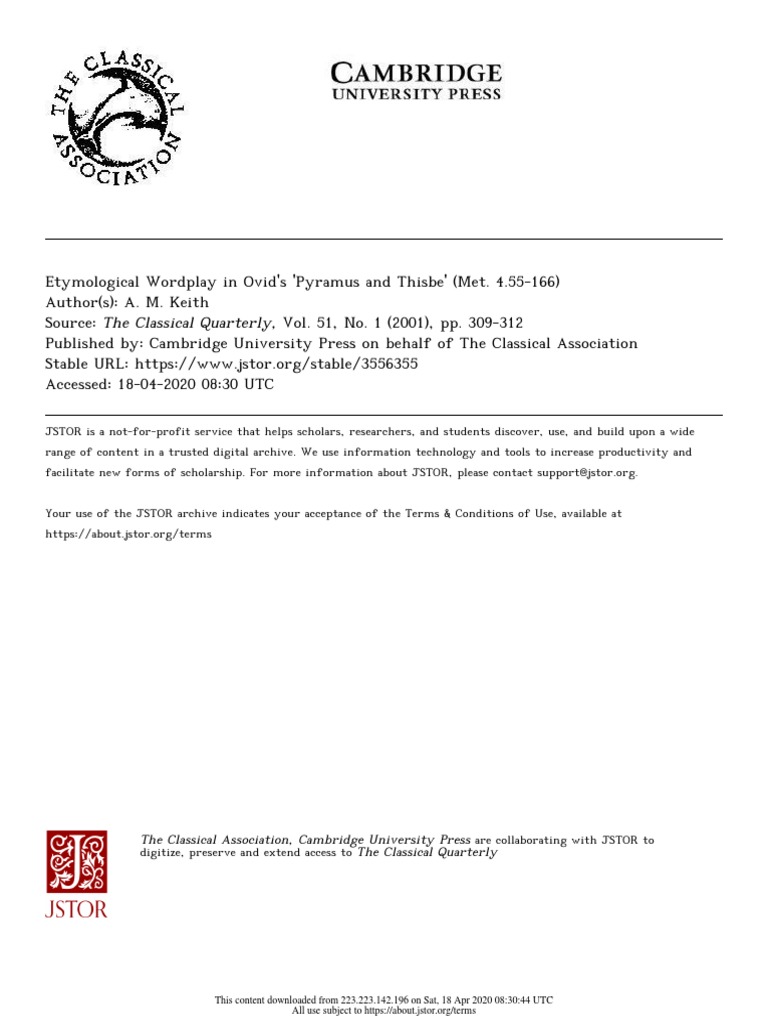 Etymological Wordplay in Ovid's Pyramus and Thisbe | PDF | Ovid | Poetry