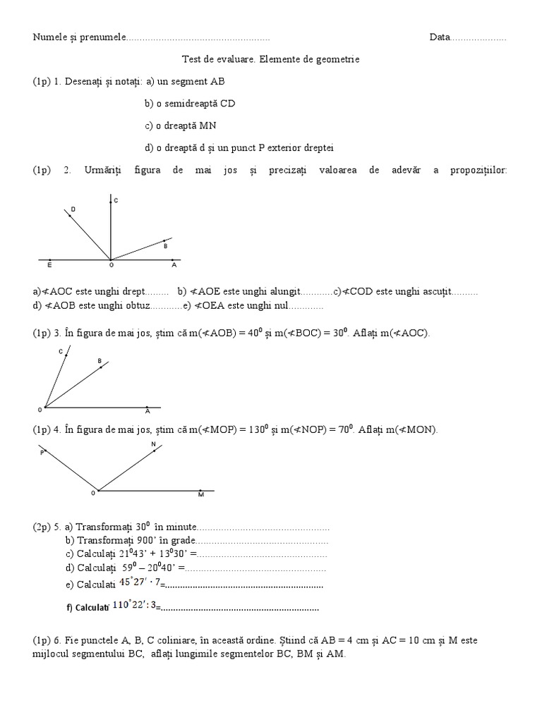 Test Geometrie Clasa A5a | PDF