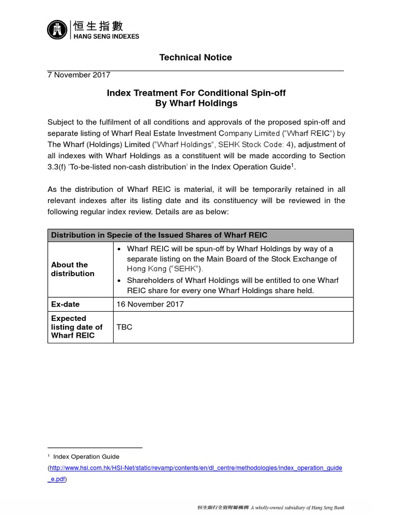 Wharf Holdings Spin-off Index Treatment | PDF | Stock Market Index | Stocks