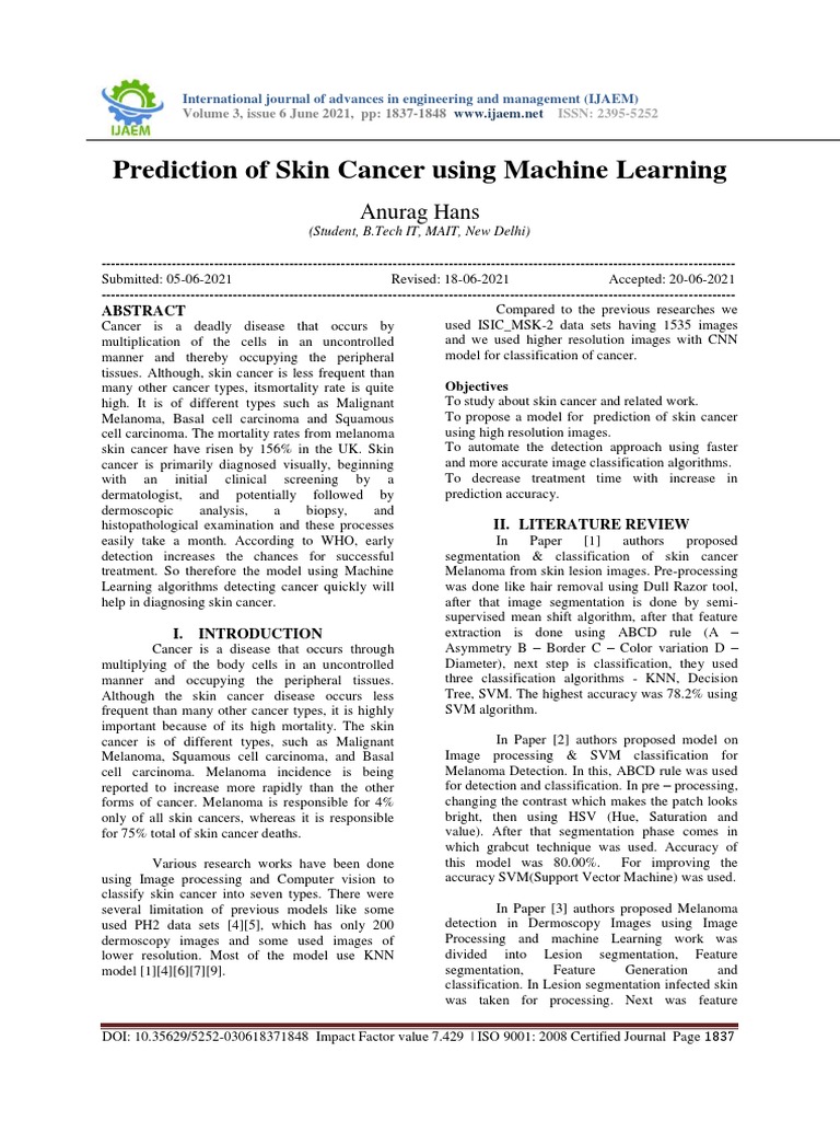 Prediction of Skin Cancer Using Machine Learning: Anurag Hans | PDF ...