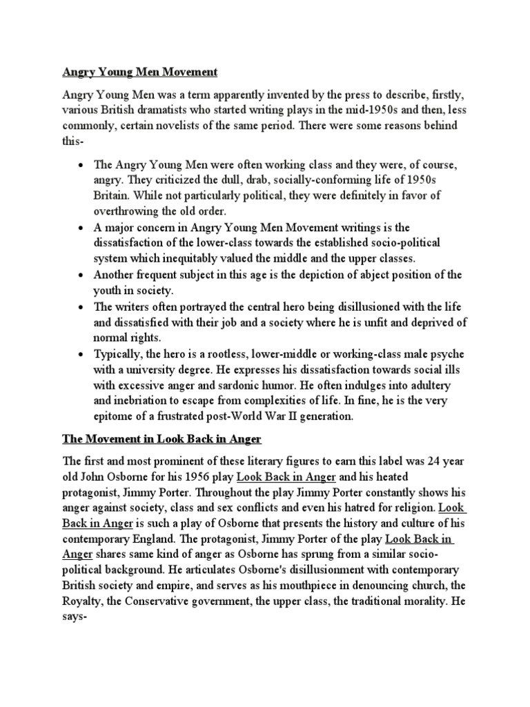 Angry Young Men Movement: The Movement in Look Back in Anger | PDF | Anger
