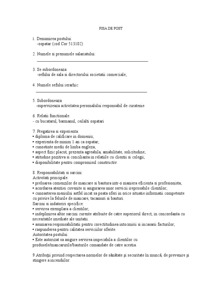 Fisa Post Ospatar | PDF