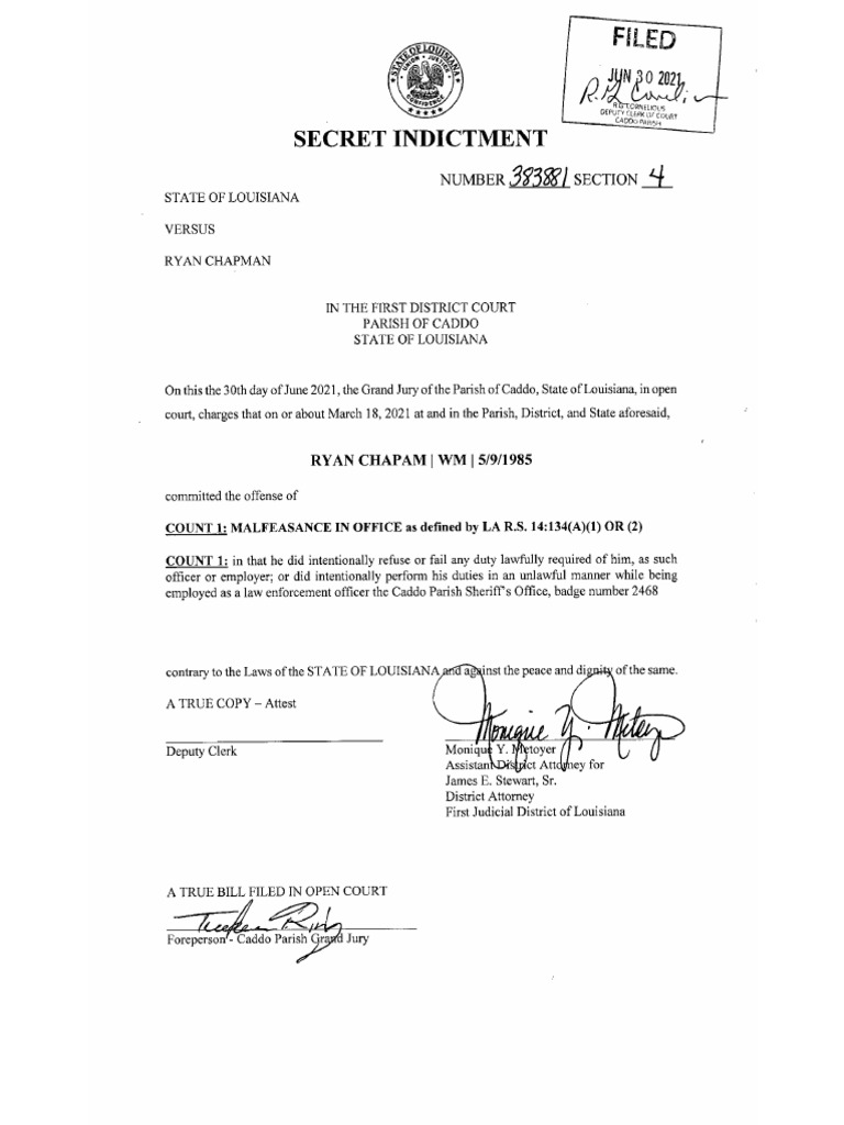 Secret Indictment of Caddo Sheriff's Deputy Ryan Chapman | PDF