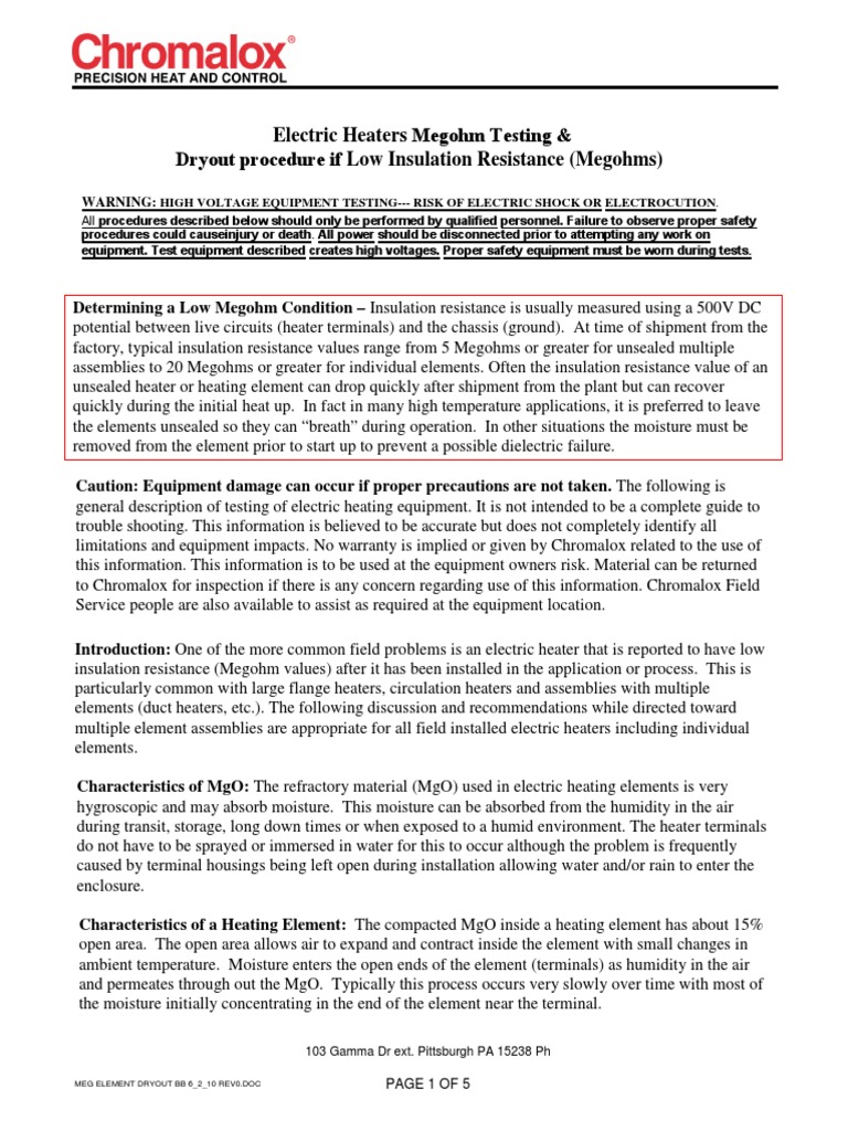 Megohm Testing for Electric Heaters | PDF | Insulator (Electricity ...