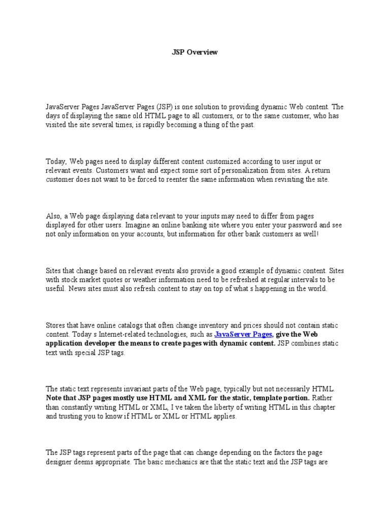 JSP Overview: Javaserver Pages | PDF | Html Element | Java (Programming Language)