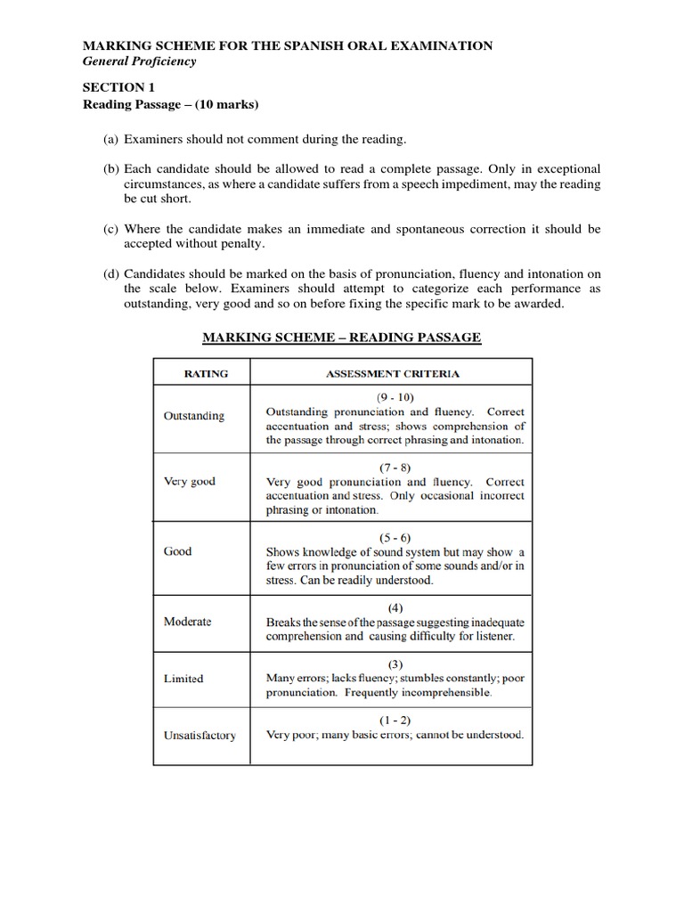 Spanish Oral Exam Marking Scheme | PDF