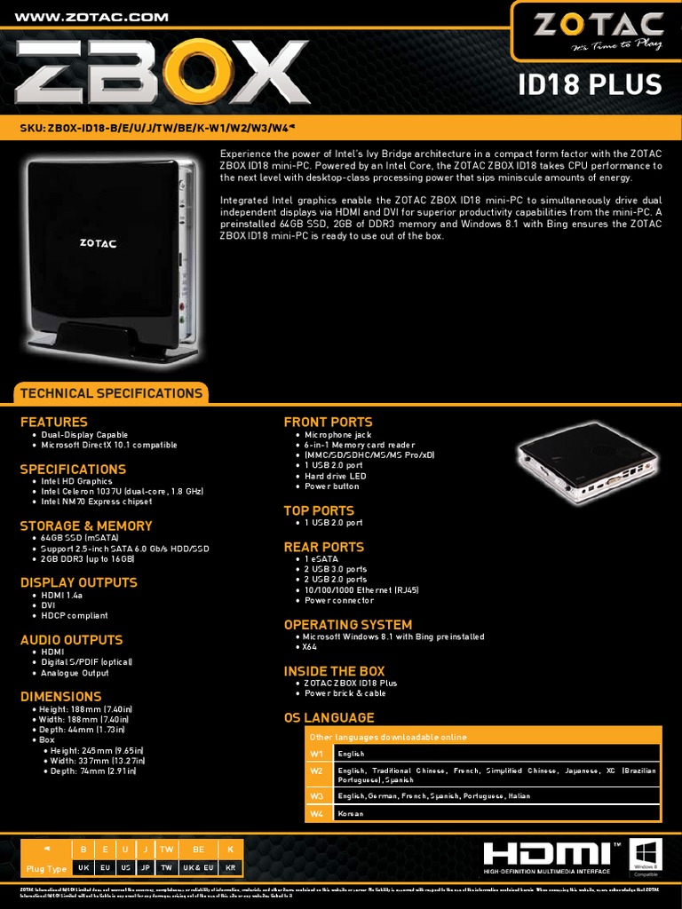 ZBOX ID18 With - Windows 8 - v1.6 | PDF | Hdmi | Solid State Drive