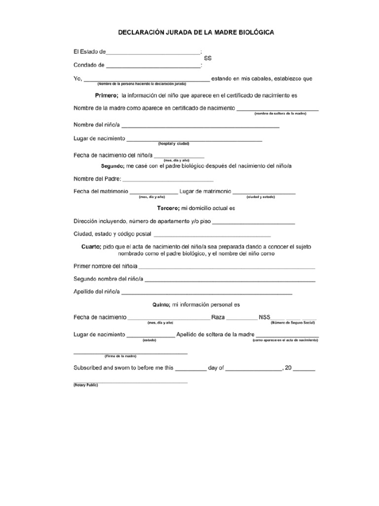 Declaracion Jurada de Madre Biologica Modelo | PDF