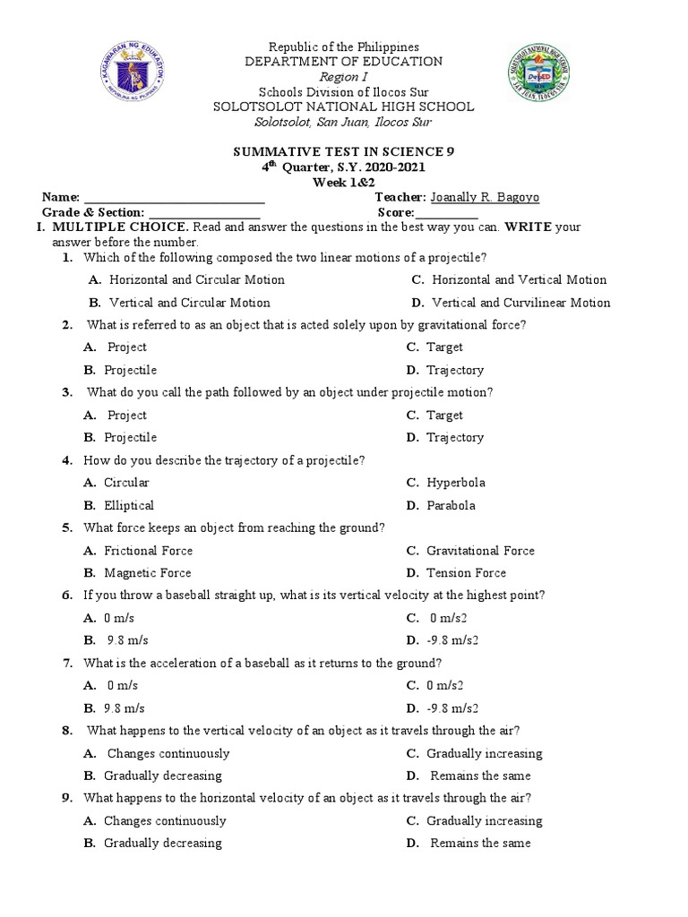 Summative Test Science 9 q4 WK 1-2 | PDF | Acceleration | Force