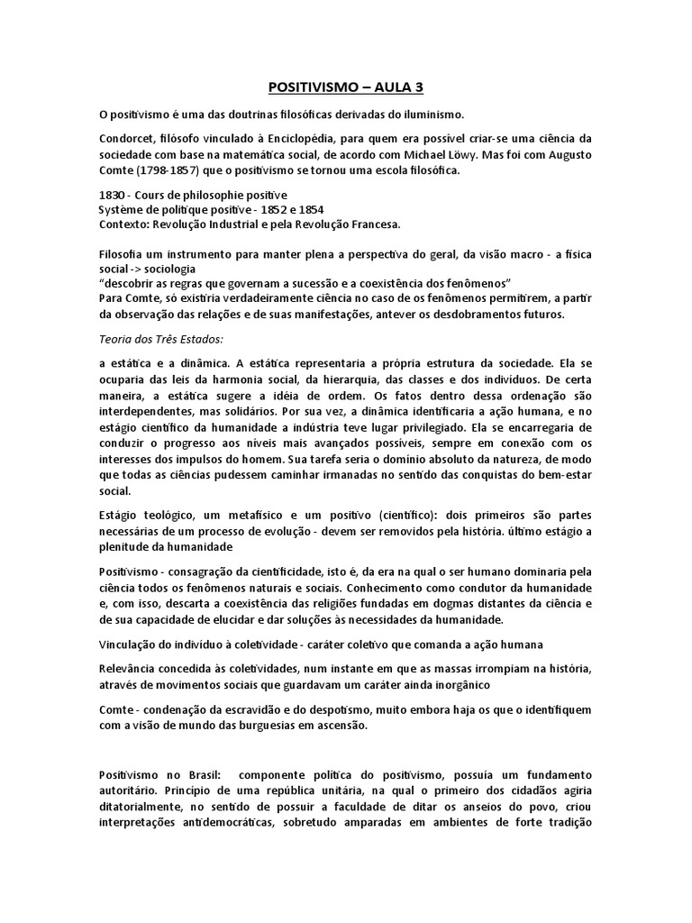 Resumo - Positivismo | PDF | Positivismo | Sociologia