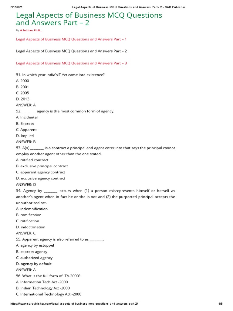 Legal Aspects of Business MCQ Questions and Answers Part - 2 - SAR ...