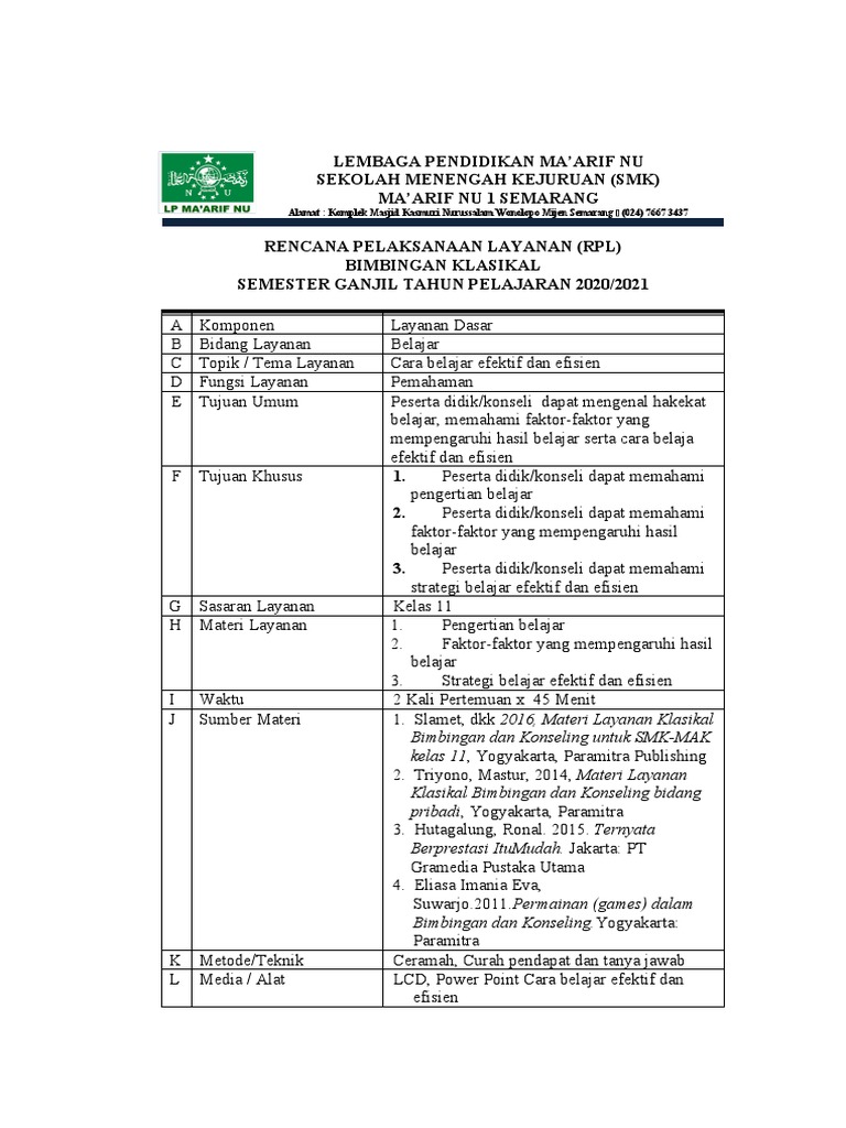 RPL Cara Belajar Efektif Dan Efisien (Ganjil) | PDF