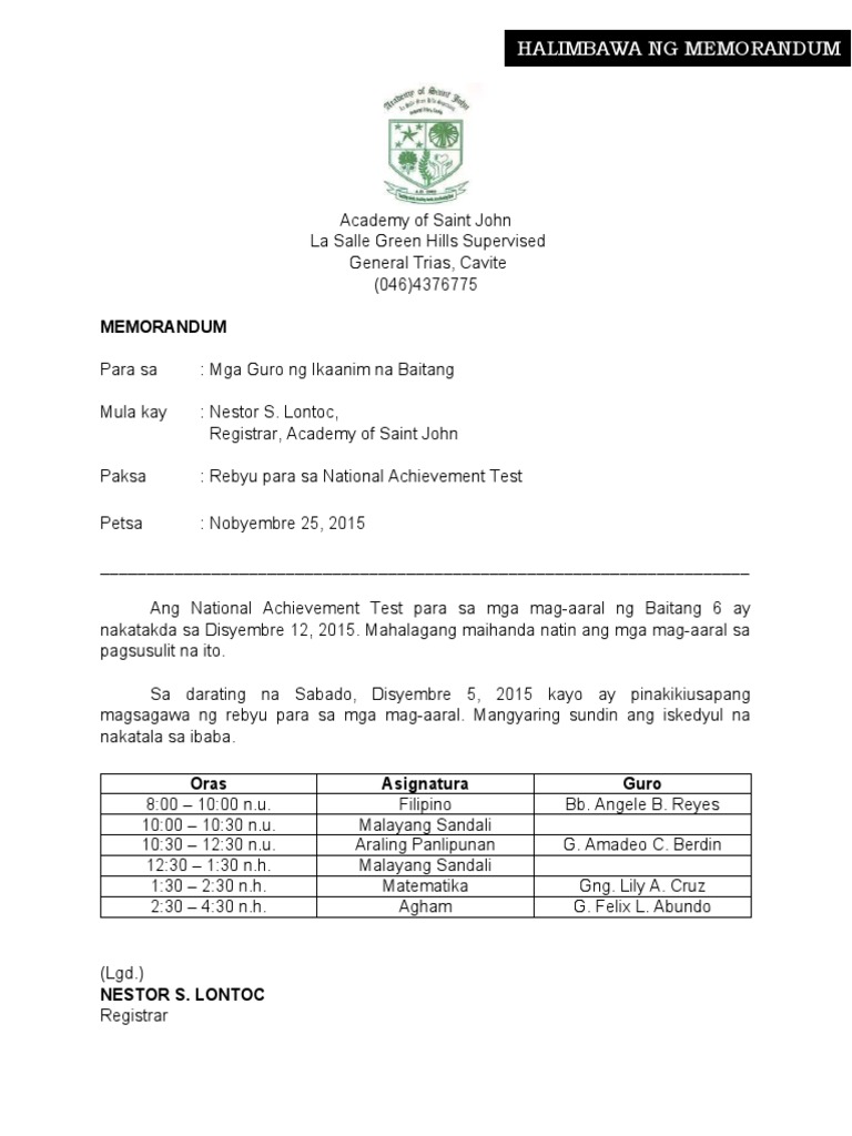 Halimbawa NG Memorandum, Adyenda at Katitikan NG Pulong | PDF