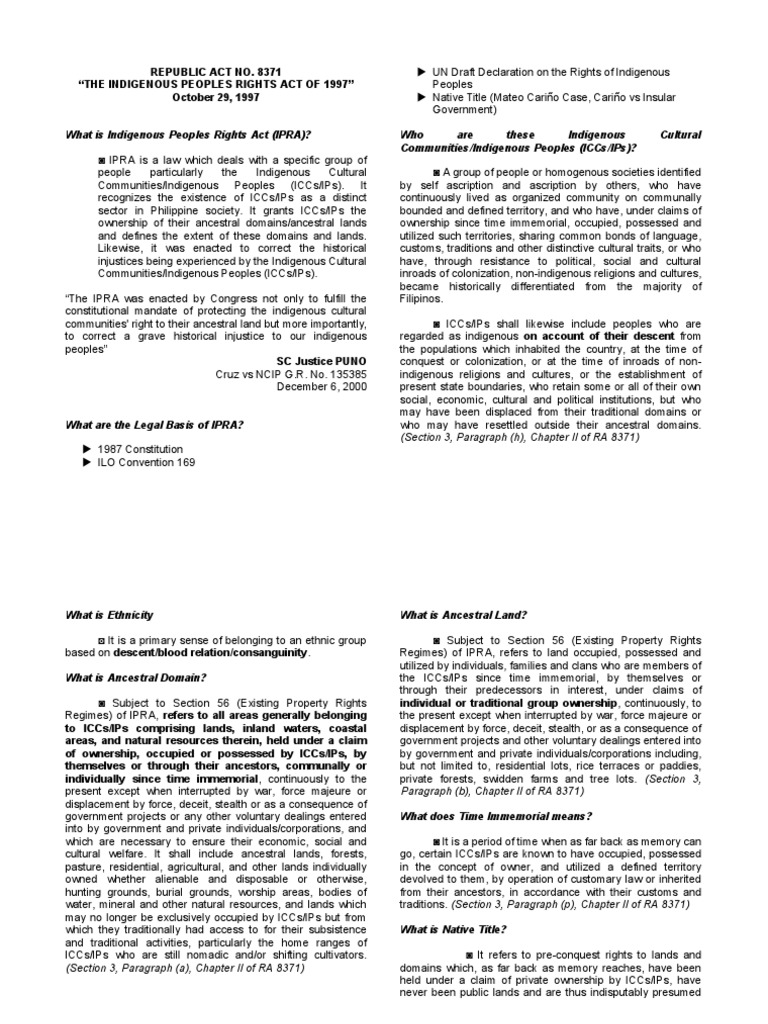 Republic Act No. 8371 "The Indigenous Peoples Rights Act of 1997" October 29, 1997 | PDF ...