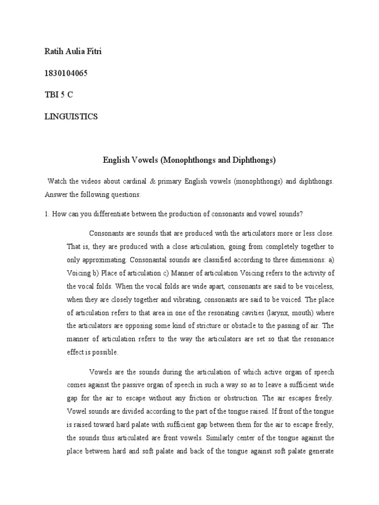 Ratih Aulia Fitri - 1830104065 - TBI5C (LINGUISTICS) | PDF | Vowel ...