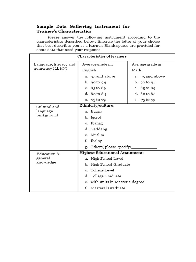 Sample Data Gathering Instrument | PDF | Learning Styles | Learning