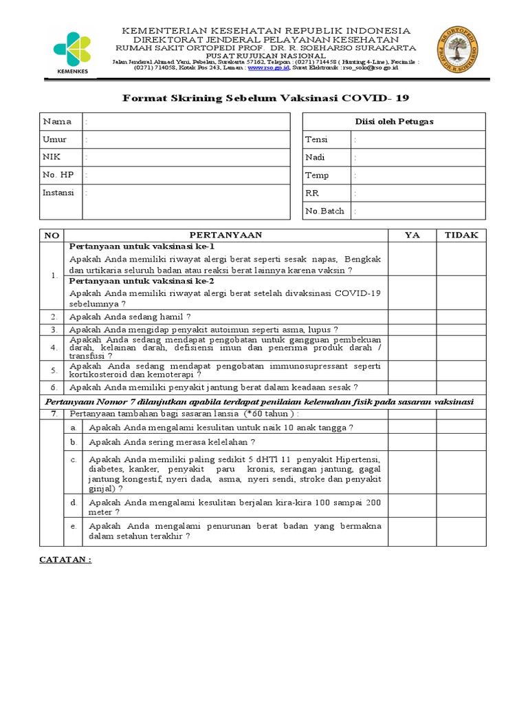 Form Skrining Vaksinasi Covid-19 | PDF