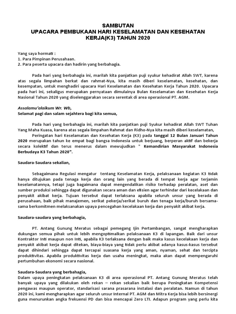 Draft Sambutan Bulan K3 14 Jan 2020 | PDF