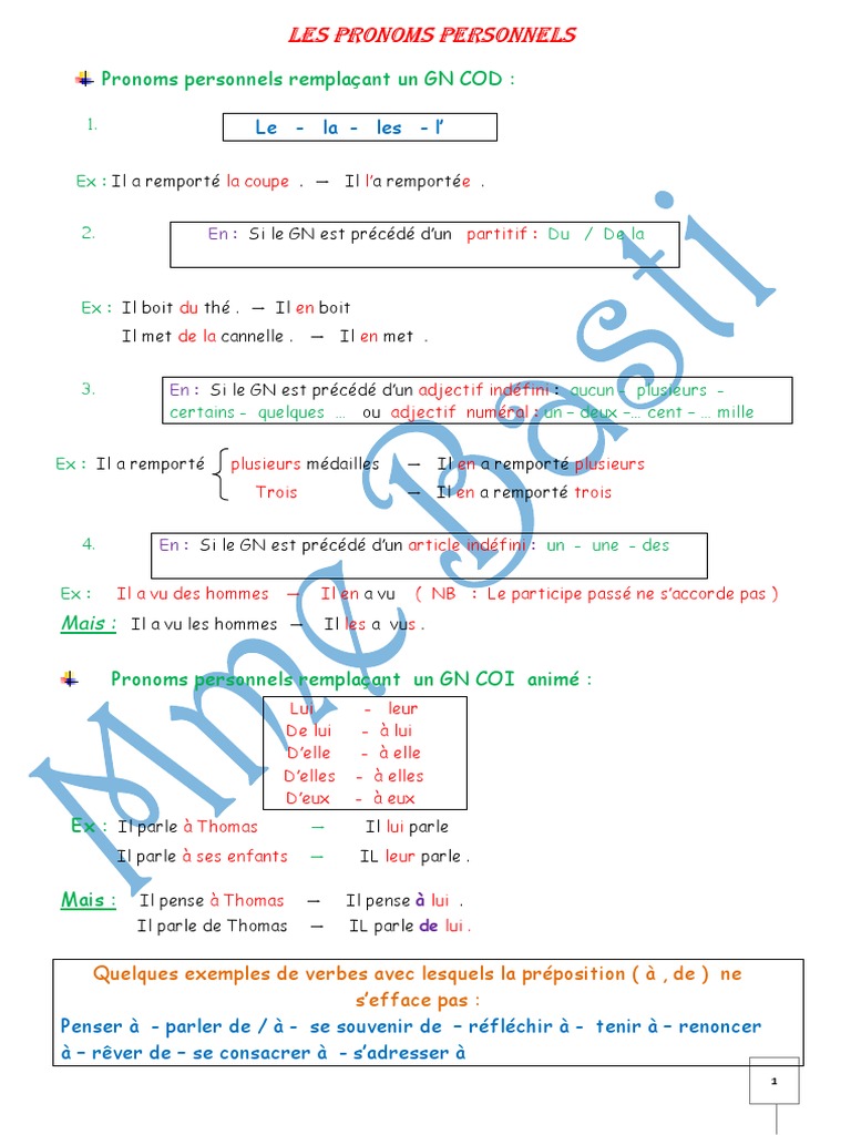 Fiche de Cours Les Pronoms Personnels | Descargar gratis PDF | Pronom ...